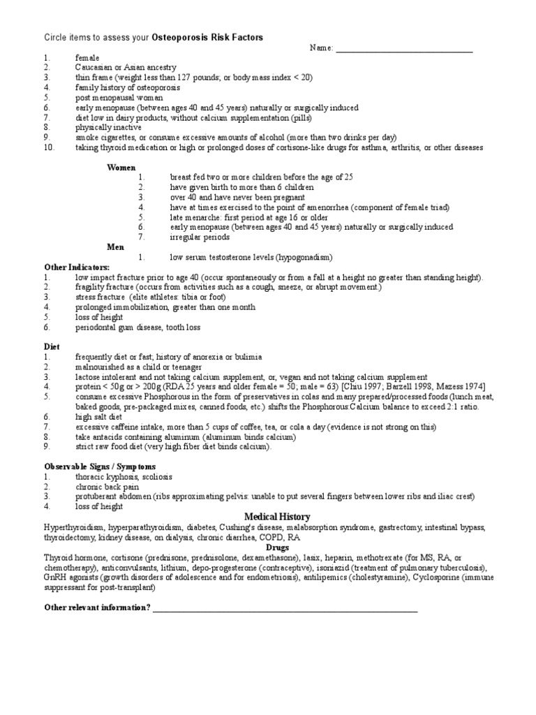 Osteoporosis Risk Factor Checklist: A Comprehensive List of Factors to ...