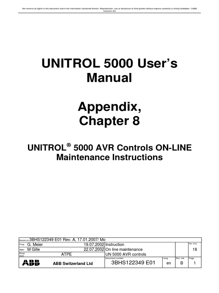 UNITROL 5000 User's Manual Appendix,: Unitrol 5000 AVR Controls ON-LINE Maintenance Instructions ...