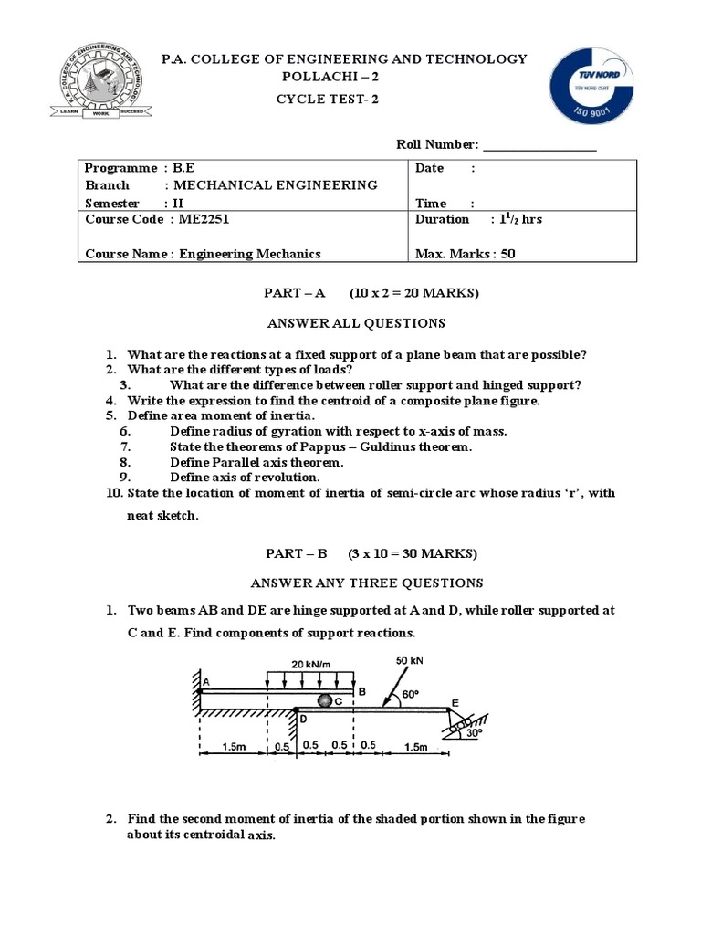 Engineering Mechanics Cycle Test II | PDF | Teaching Methods & Materials