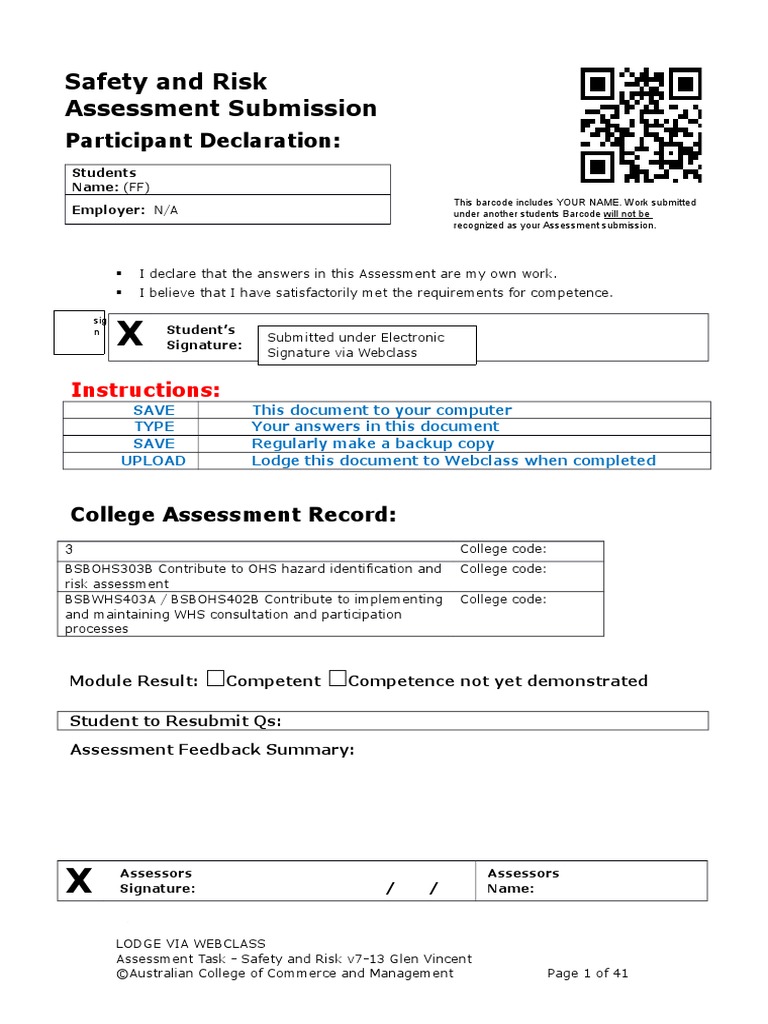 Safety and Risk Assessment Submission: Participant Declaration