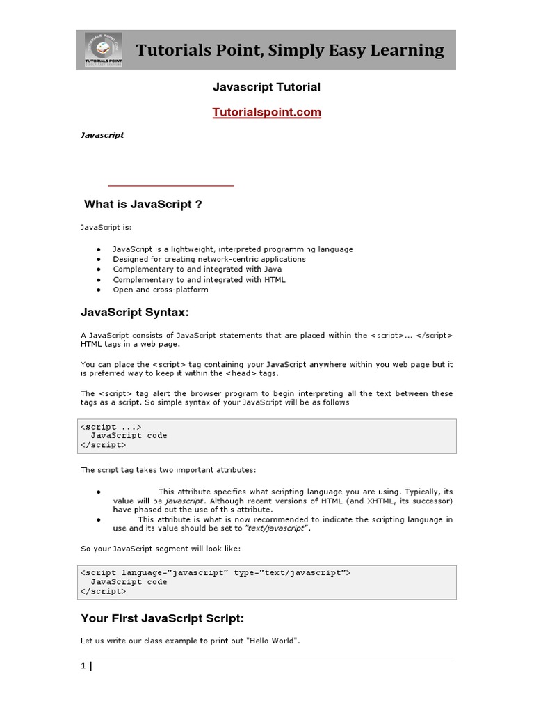 Tutorials Point, Simply Easy Learning: Javascript Tutorial | PDF ...