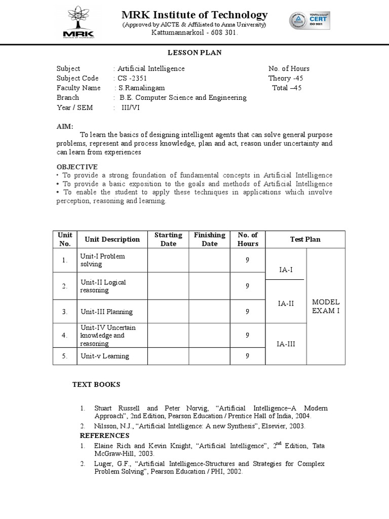 Lesson Plan: (Approved by AICTE & Affiliated To Anna University) | PDF ...