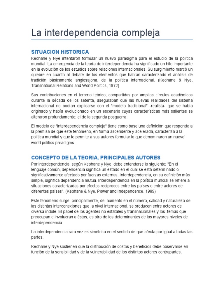 Análisis de la teoría de la interdependencia compleja y sus principales ...