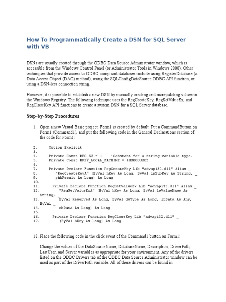 How To Programmatically Create A DSN For SQL Server With VB | PDF | Databases | Microsoft Sql Server