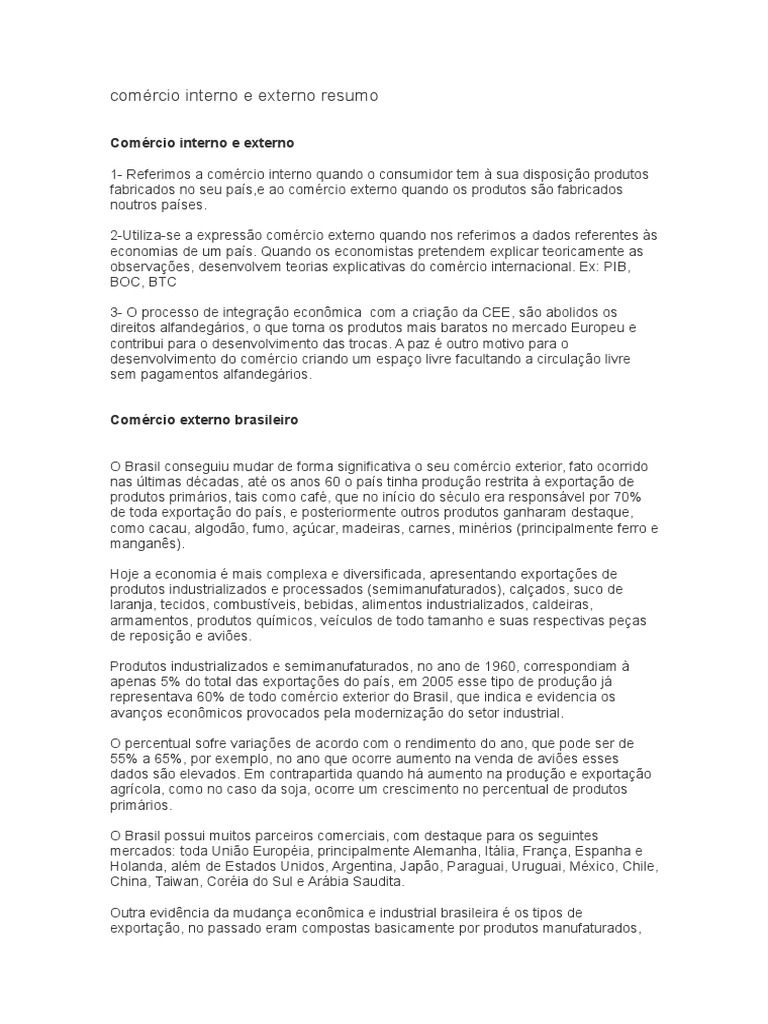 Comércio Interno e Externo Resumo | PDF | Brasil | Comércio internacional