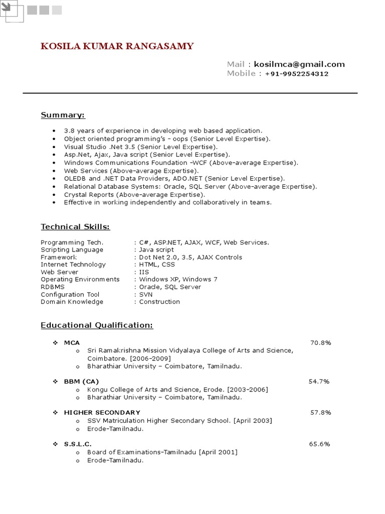 Kosila Kumar Rangasamy: Resume and Portfolio Detailing Over 3 Years of Experience as a Software ...