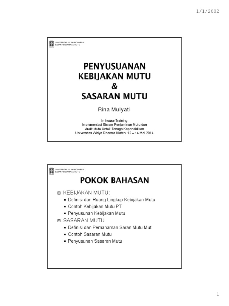 Kebijakan Mutu Dan Sasaran Mutu Dan Rencana Mutu | PDF
