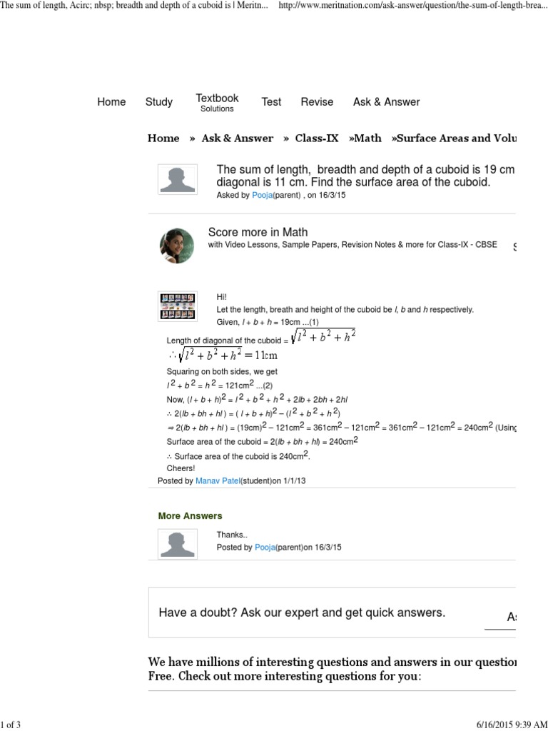 The Sum of Length, Acirc NBSP Breadth and Depth of A Cuboid Is ...