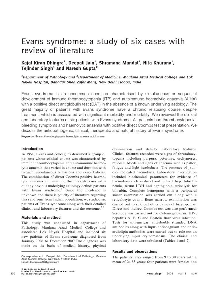 Evans Syndrome - A Study of Six Cases With Review of Literature | PDF ...