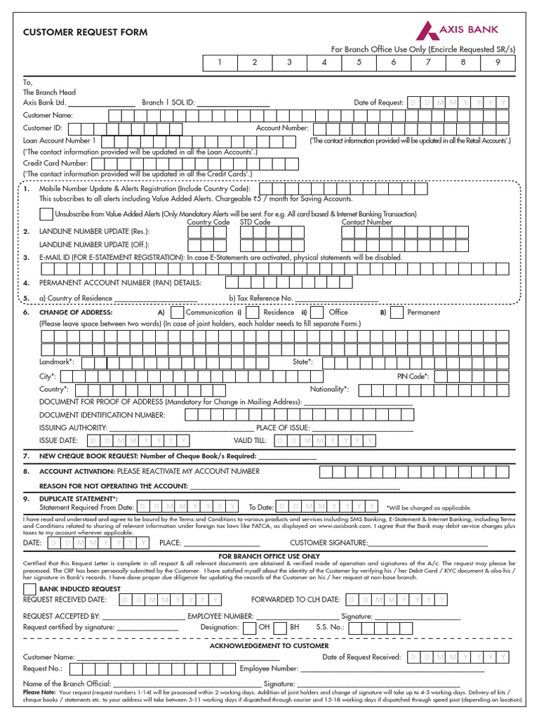 Customer Request Form Axis Bank | PDF | Debit Card | Cheque