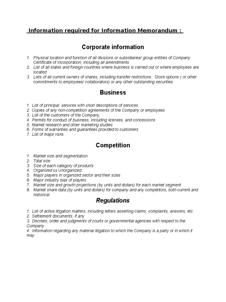Information Required For Information Memorandum | PDF | Employee ...