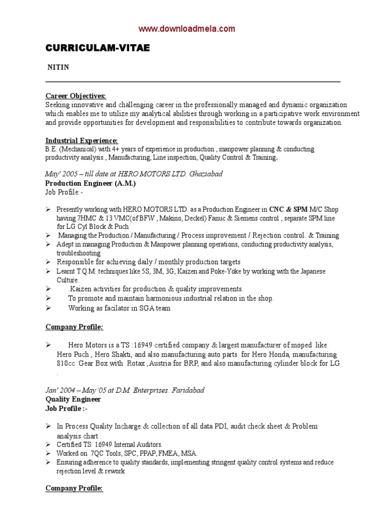 Mechanical Production Engineer Samphhhhhle Resume | Industries ...