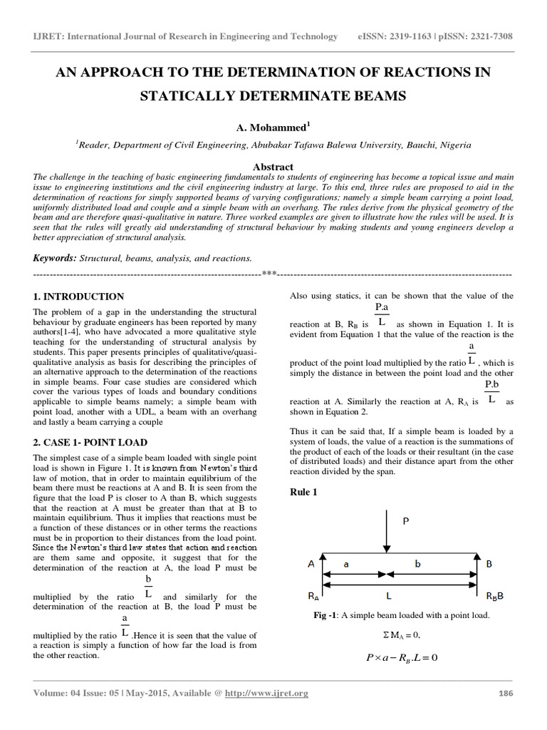 An Approach To The Determination of Reaction in Statically Determinate ...