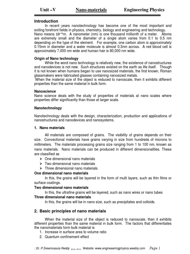 Unit - V Nano-Materials Engineering Physics: Origin of Nano Technology ...