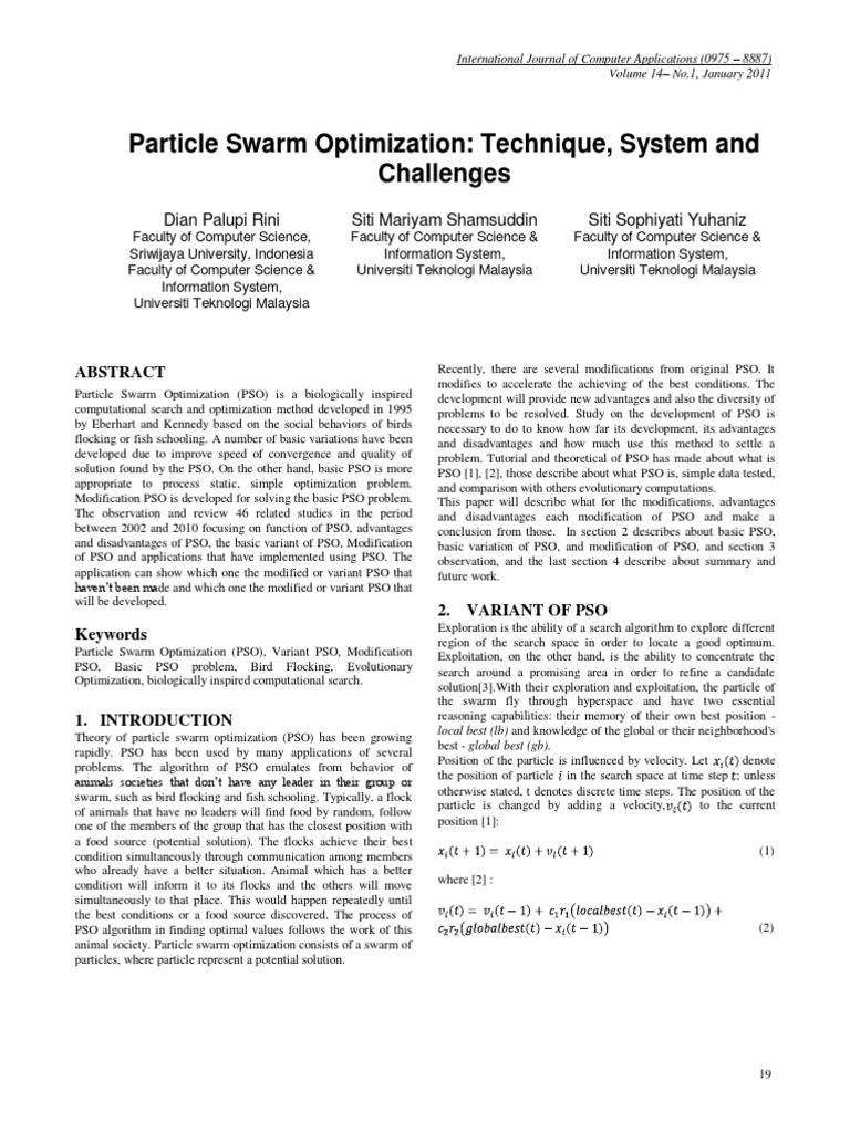 Particle Swarm Optimization: Technique, System and Challenges | PDF | Mathematical Optimization ...