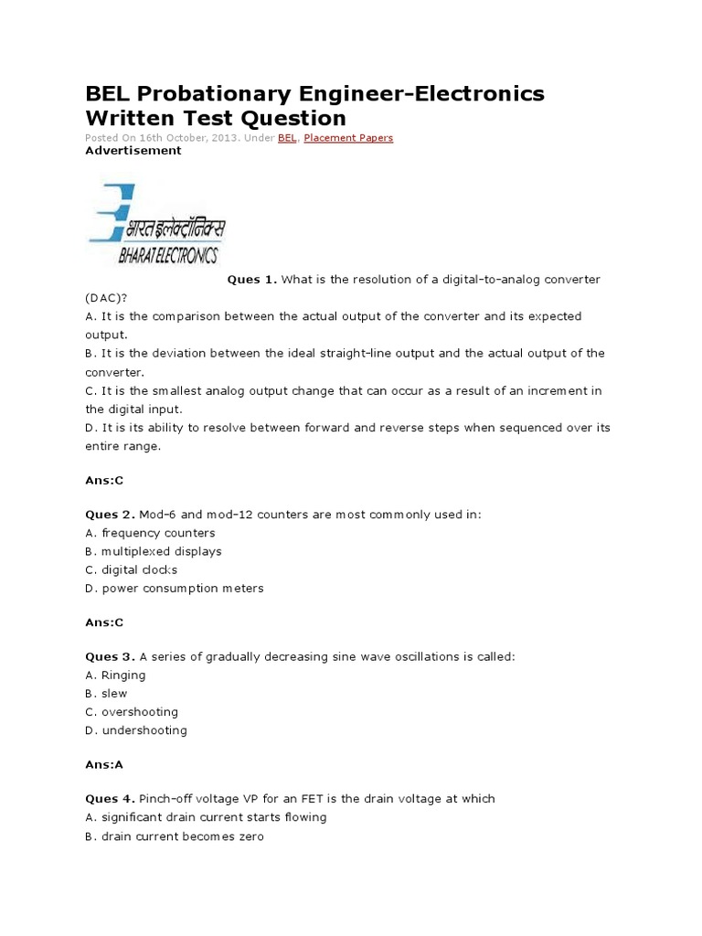 BEL Probationary Engineer-Electronics Written Test Question: Posted On ...