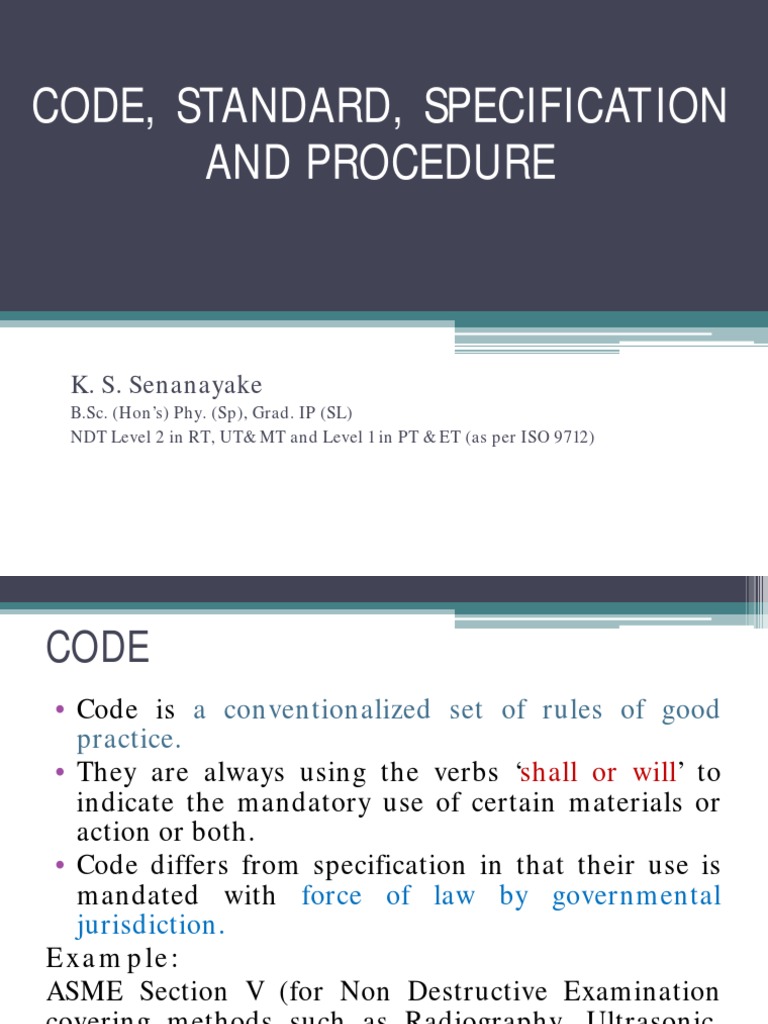 Code, Standard, Specification and Procedure | PDF | Nondestructive ...