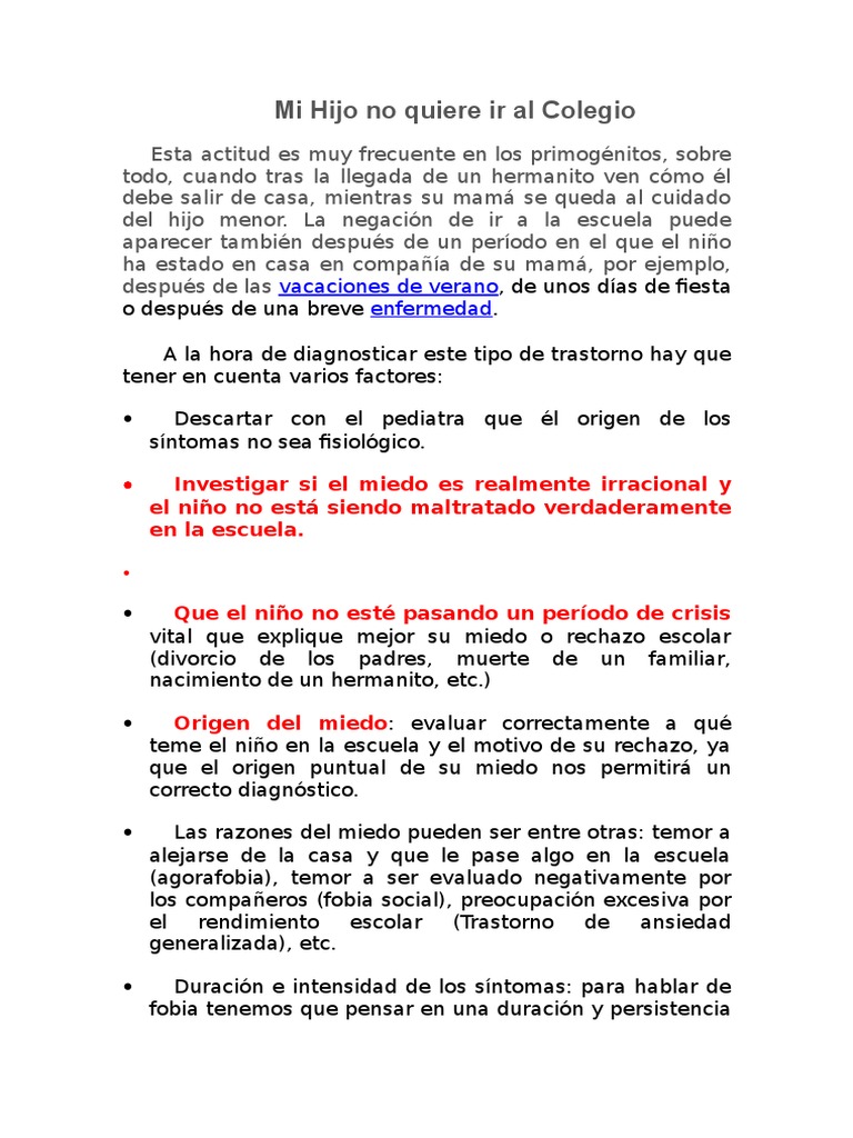 Mi Hijo No Quiere Ir Al Colegio | PDF | Fobia | Ansiedad