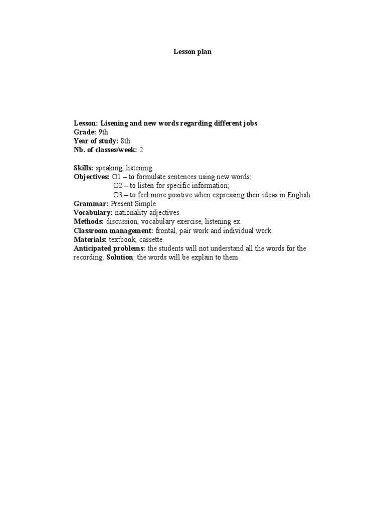 Listening Lesson Plan for Job Vocabulary | PDF