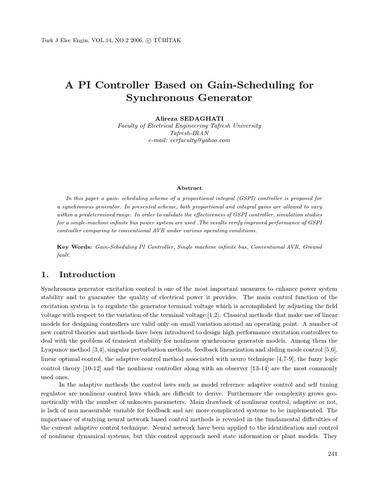 A Pi Controller Based On Gain Scheduling For Synchronous Generator Pdf Control Theory