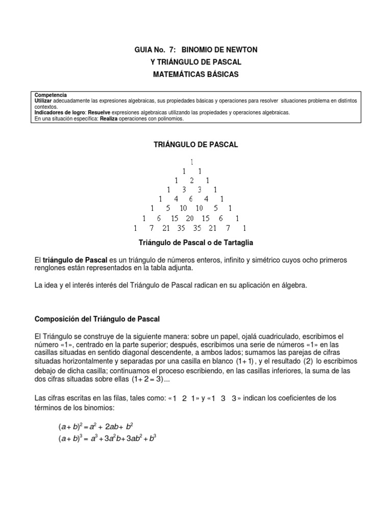 Binomio de Newton y Triángulo Pascal | PDF | Álgebra | Enseñanza de matemática