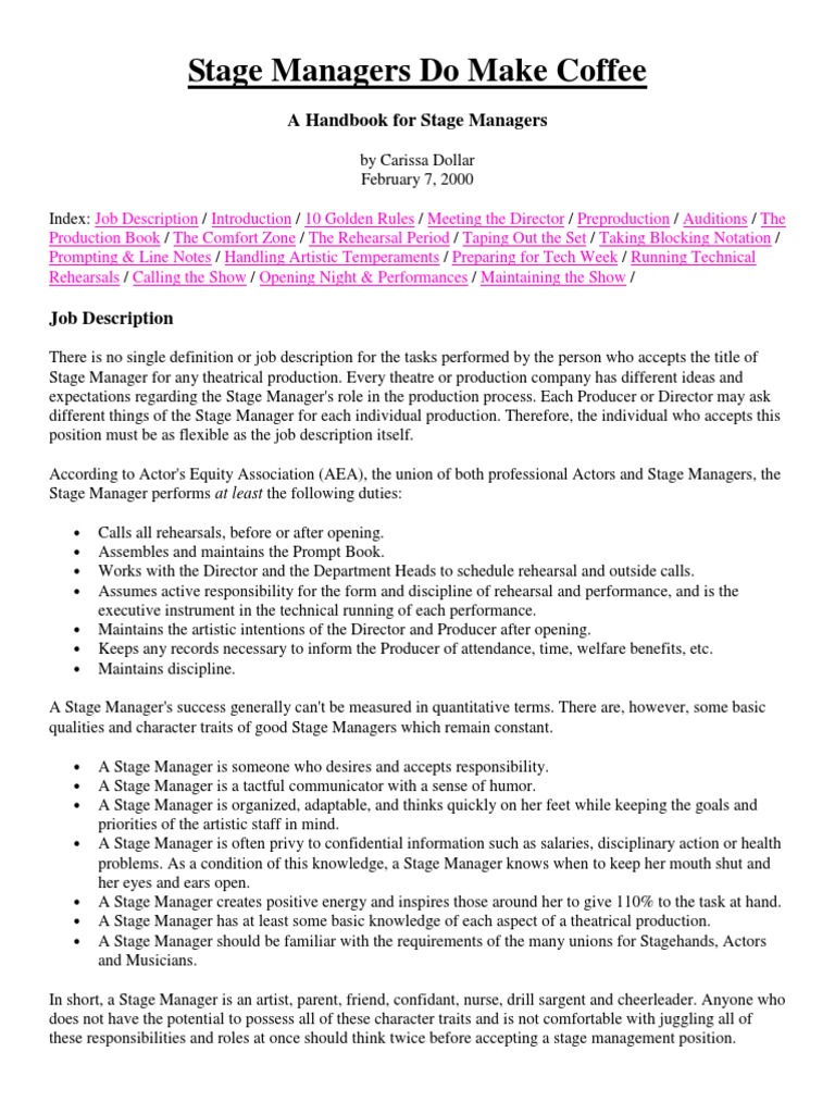 Handbook for Stage Managers' Roles | PDF | Audition | Theatre