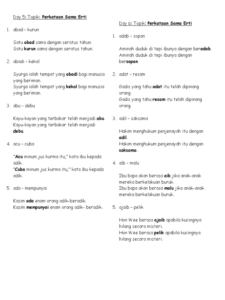 Perkataan Sama Erti Dan Contoh Ayat | PDF