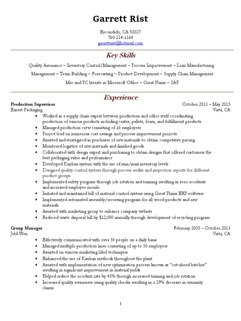 Supply Chain Operations Manager in San Diego CA Resume Garrett Rist ...