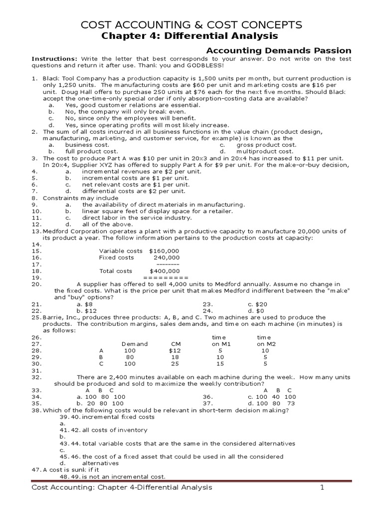 Chapter 4-Differential Analysis (Q) | PDF | Cost Accounting ...