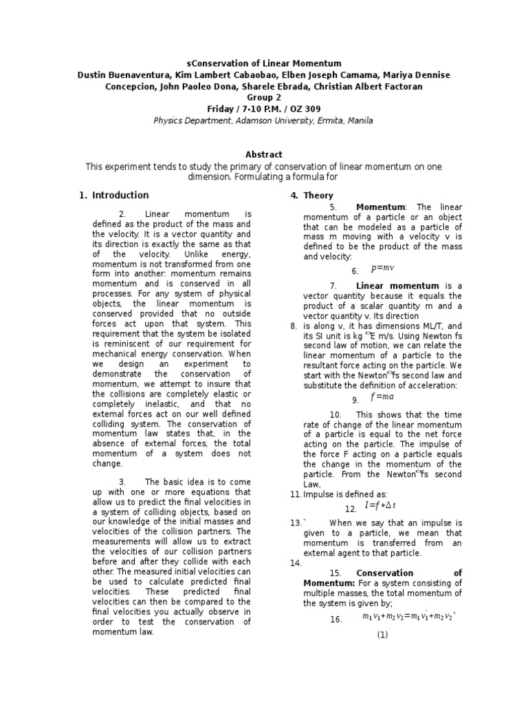 Conservation of Linear Momentum Lab Report | PDF | Momentum ...
