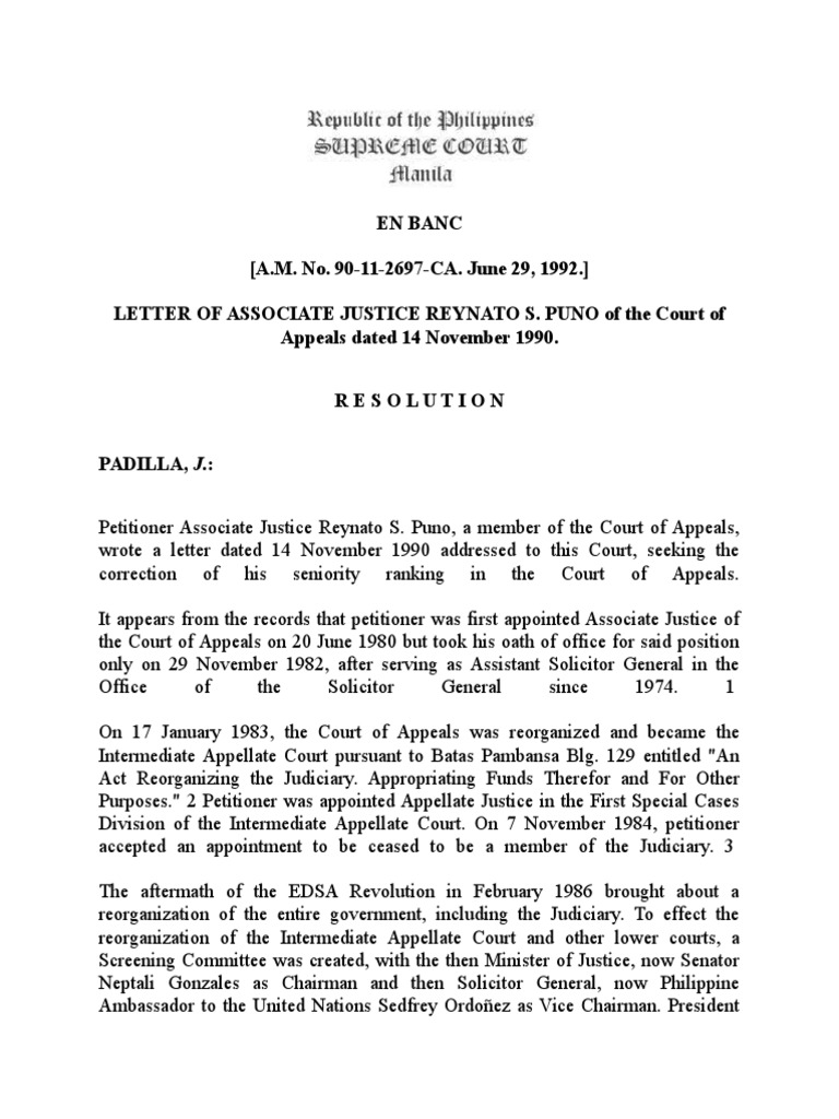 In Re Letter of Justice Puno | PDF | Corazon Aquino | Appeal