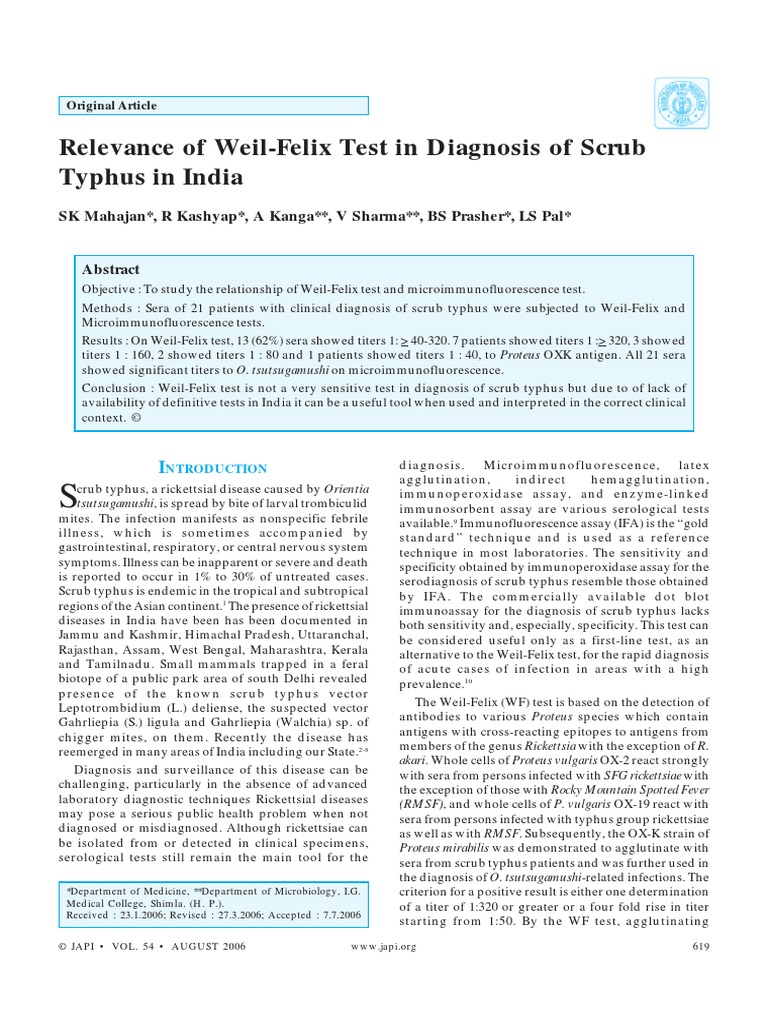 Weil-Felix Test in Diagnosis of Scrub | Download Free PDF | Sensitivity ...