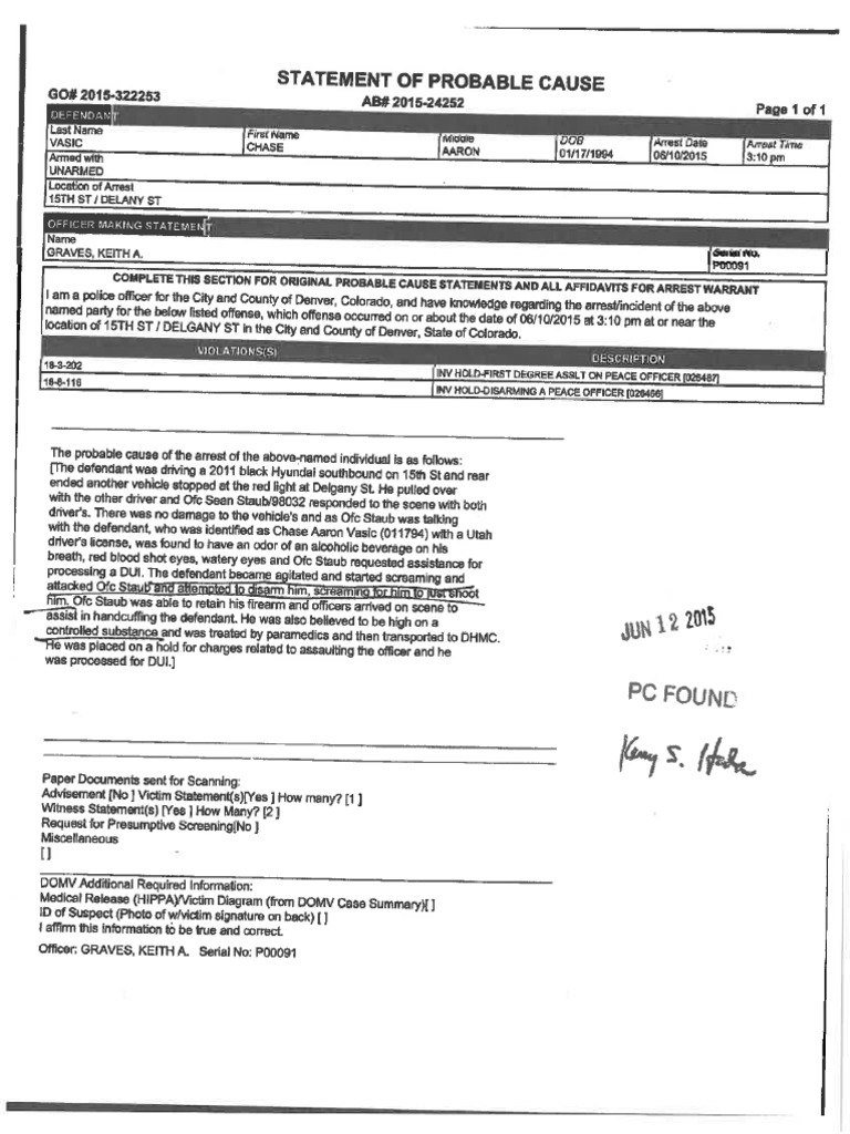Chase Vasic Probable Cause Statement | PDF