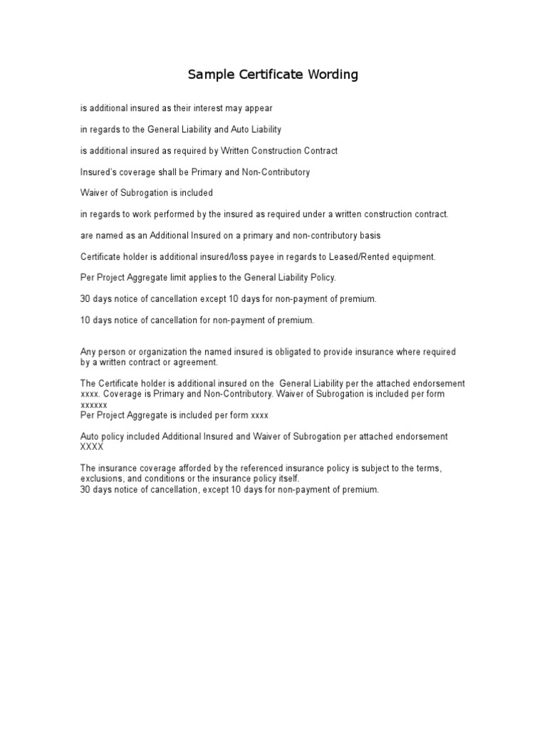 Sample Certificate Wording | PDF | Law