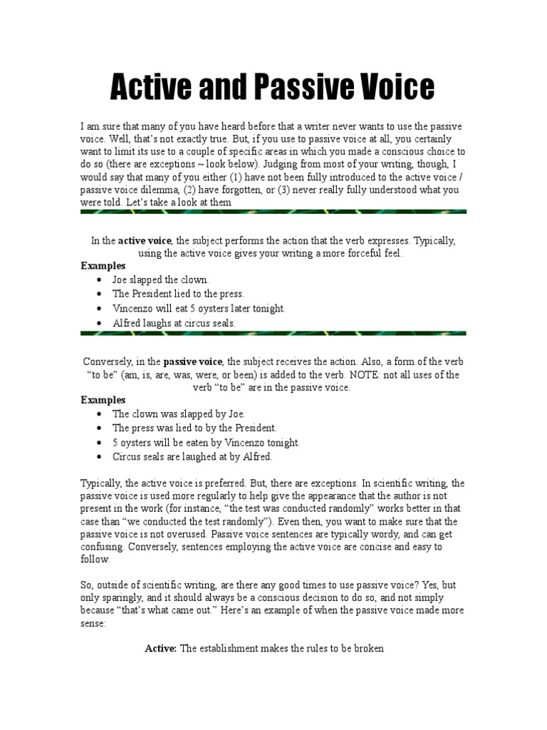 Active and Passive Voice Worksheet | PDF | Grammatical Conjugation | Verb