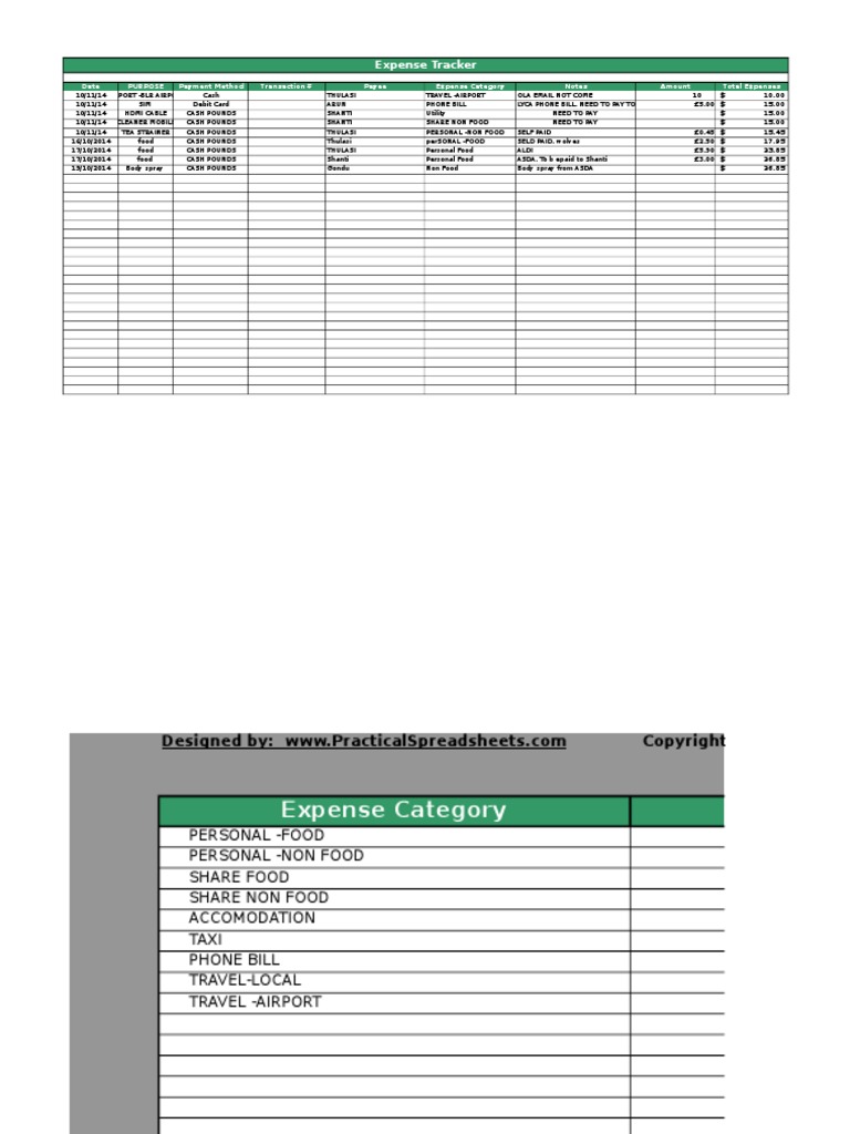 Expense Tracker: Date Purpose Payment Method Transaction # Payee ...