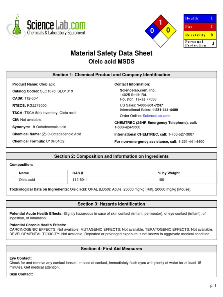 Oleic Acid MSDS: Section 1: Chemical Product and Company Identification | PDF | Toxicity ...