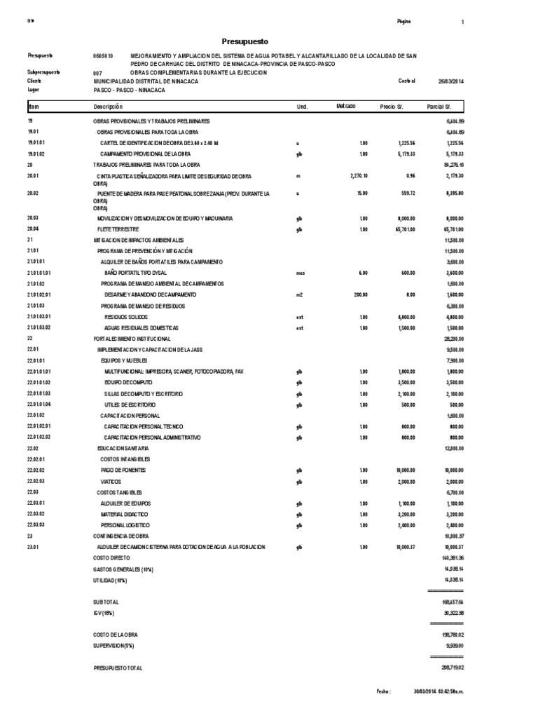 Presupuesto Obras Complementarias | PDF