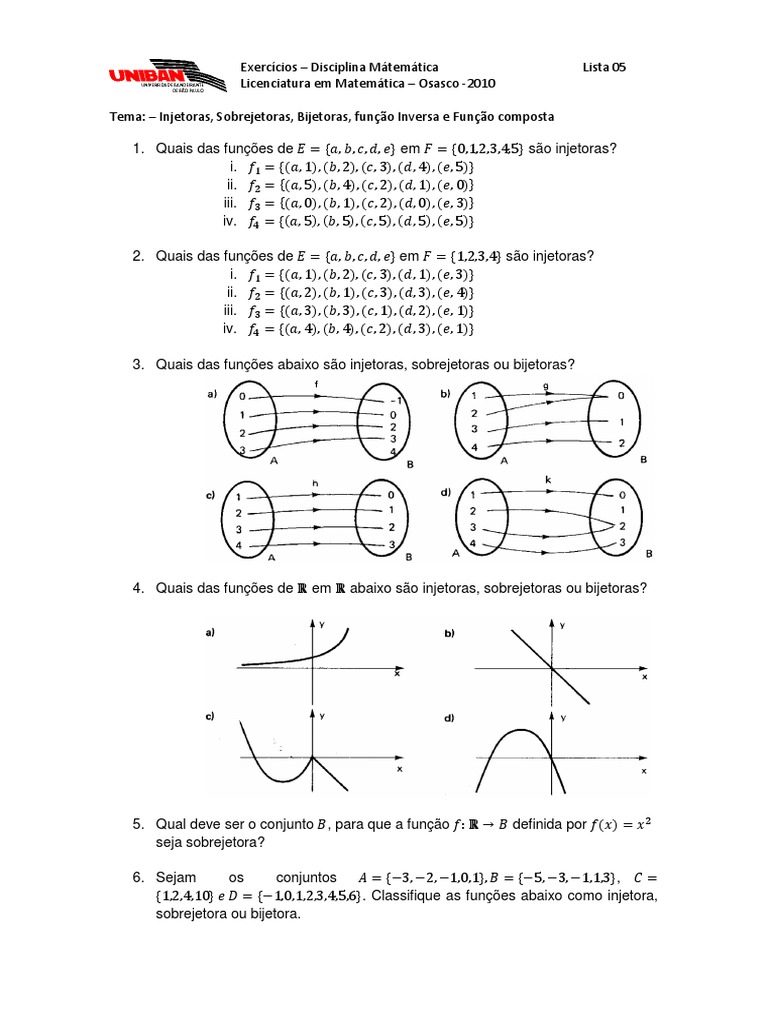 Matematica Marcelo Lista Exercicios 05 Funcoes Injetividade ...