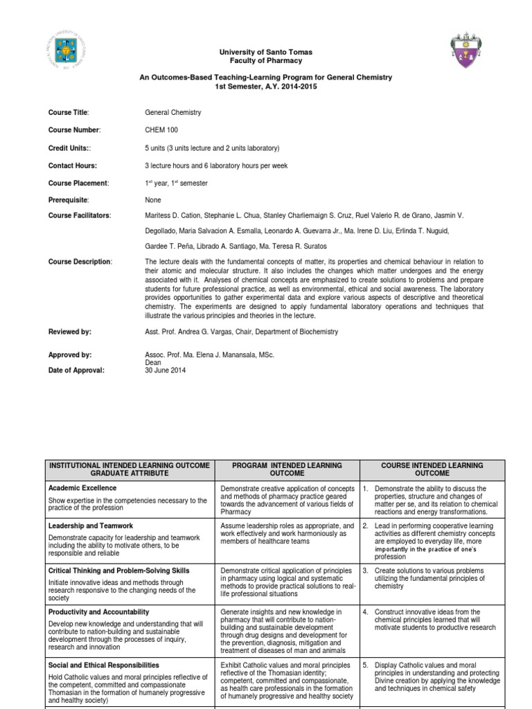 CHEM 100 Course Outline | PDF | Chemical Bond | Electrochemistry