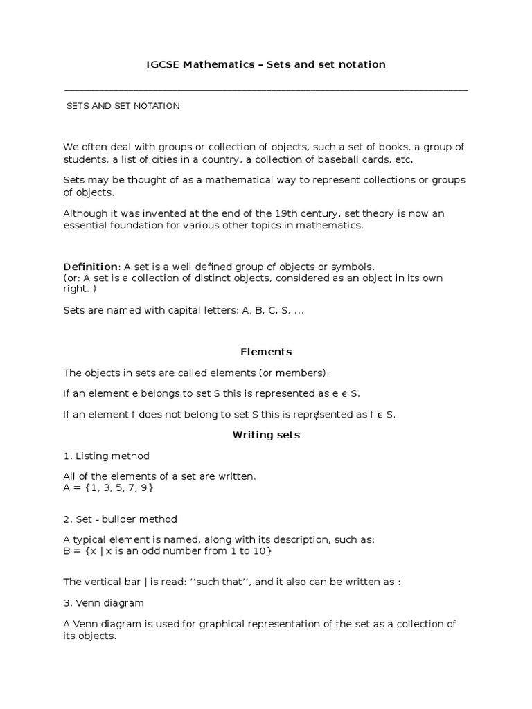 IGCSE Mathematics - An Introduction to Sets and Set Notation | PDF ...