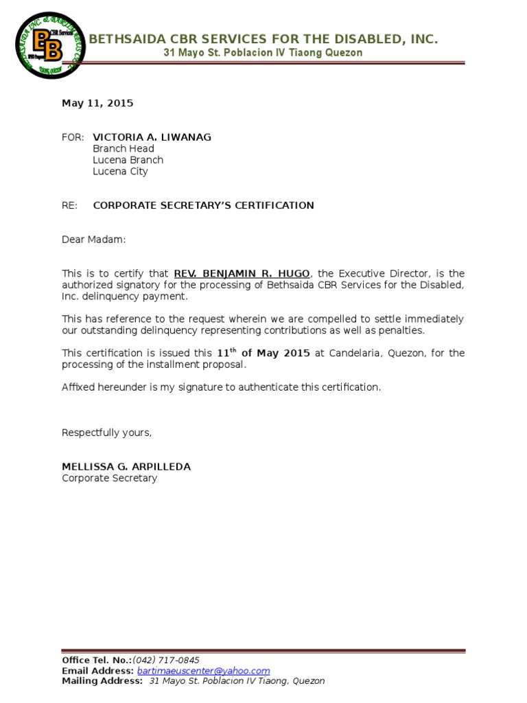 SSS - Corporate Secretary Certificate | PDF
