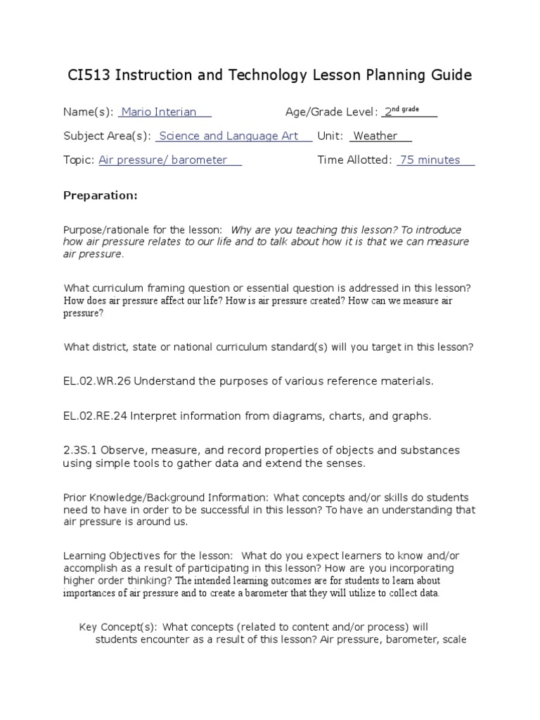 Lesson Plan#5 Air Pressure | PDF | Lesson Plan | Curriculum