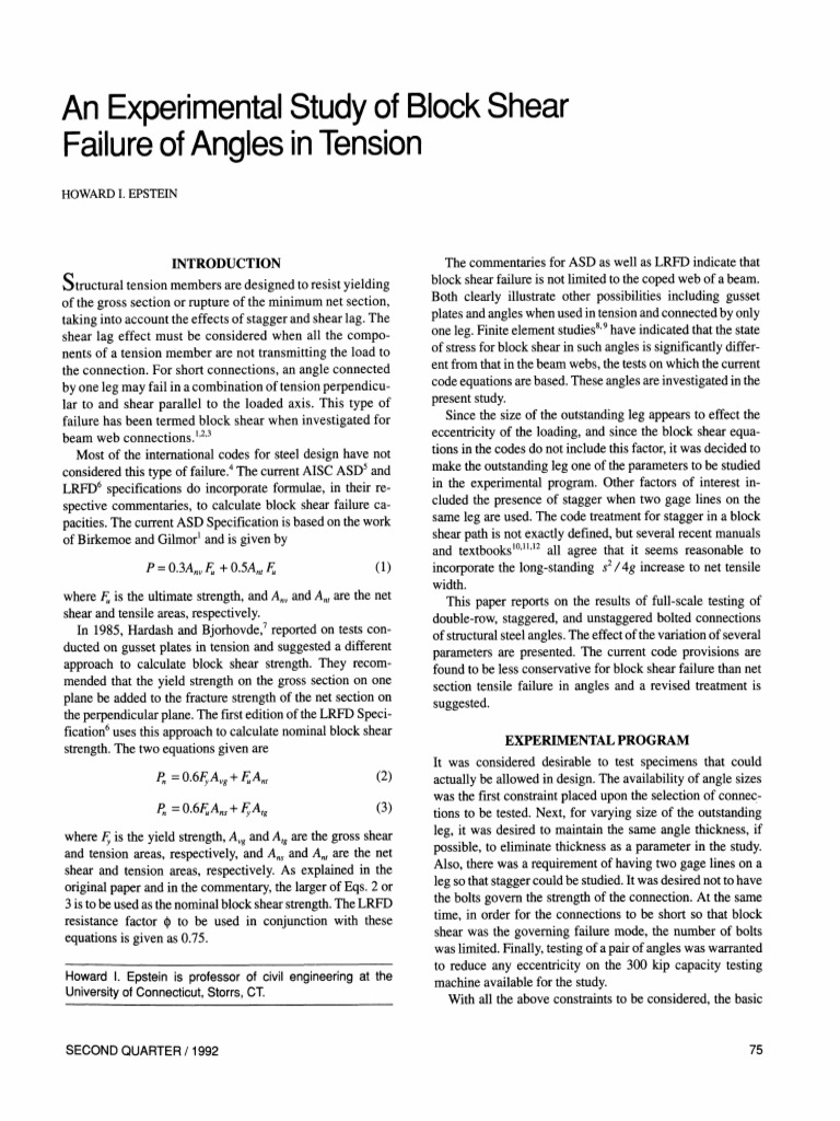An Experimental Study of Block Shear Failure of Angles in Tension | PDF ...