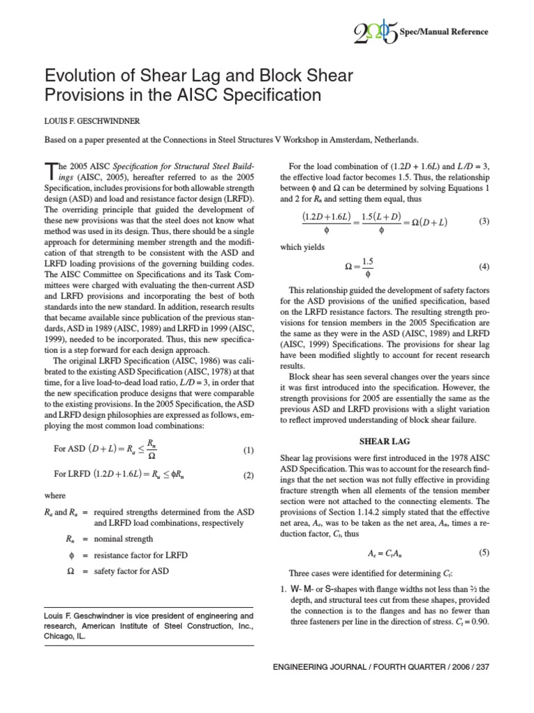 AISC 2005 Spec: LRFD & Block Shear Updates | PDF | Strength Of ...