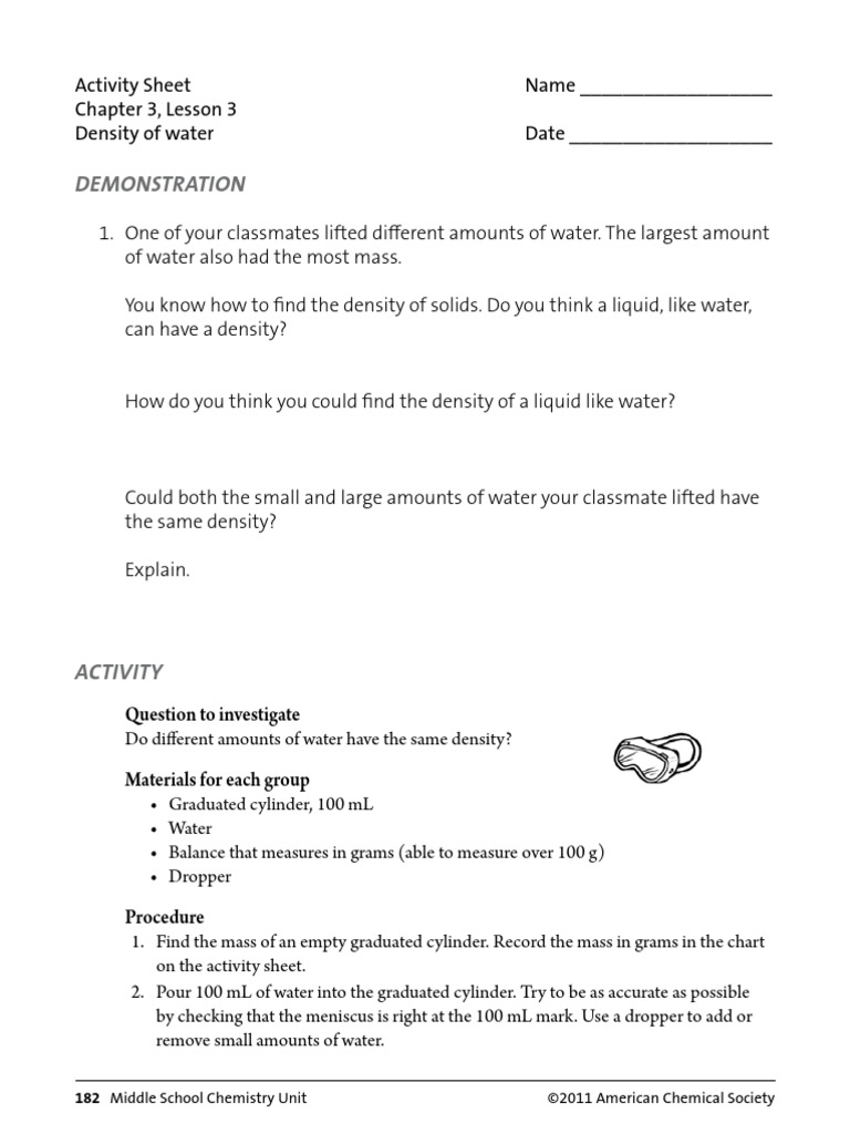 Activity Sheet Density of Water | PDF | Density | Litre