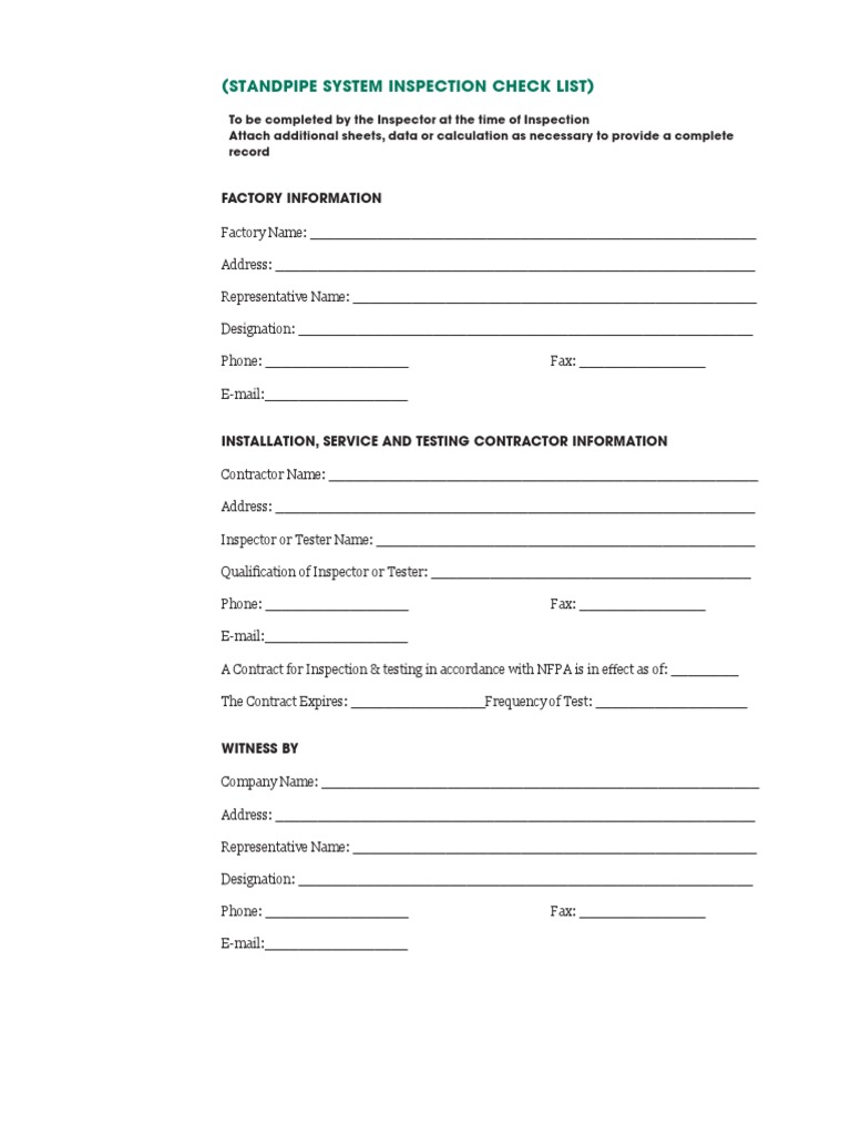 Standpipe System Inspection Check List | PDF