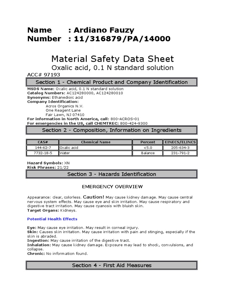 MSDS Oxalic Acid | PDF | Dangerous Goods | Personal Protective Equipment