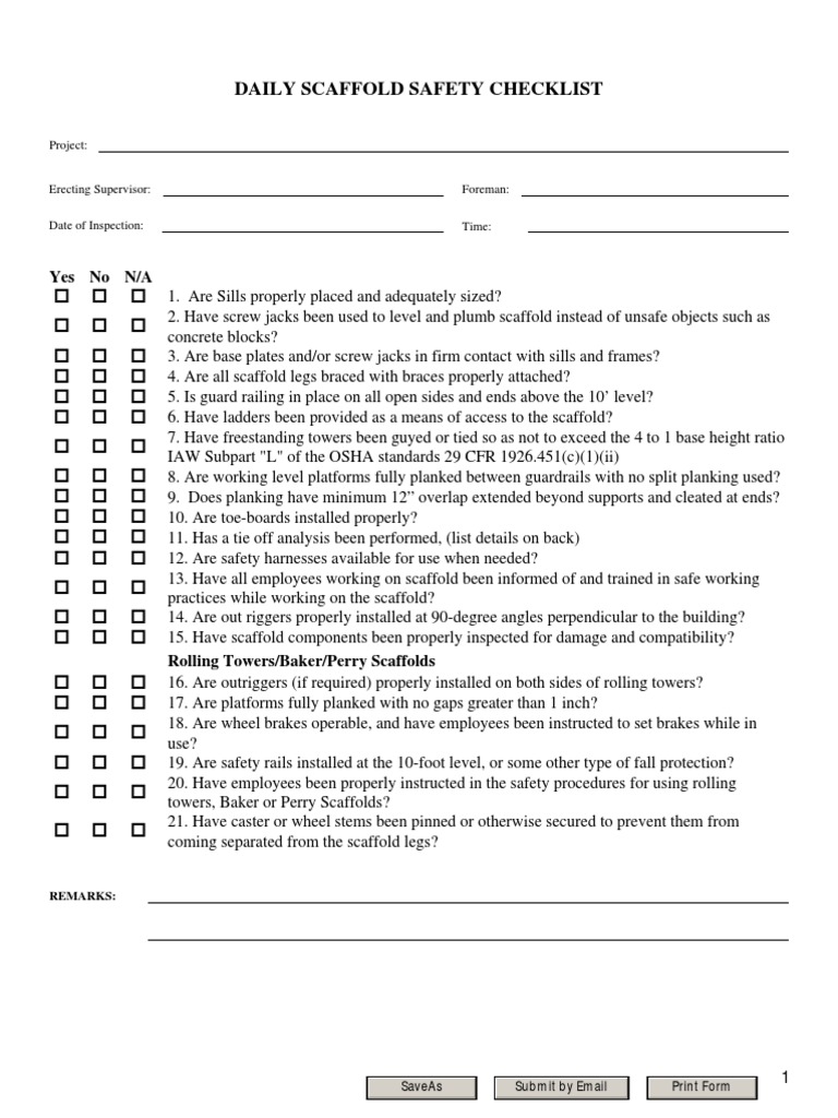 Daily Scaffold Safety Checklist - BLANK