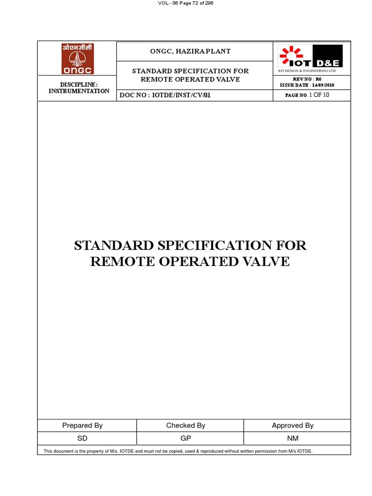 Standard Spec For ROV | PDF | Valve | Specification (Technical Standard)